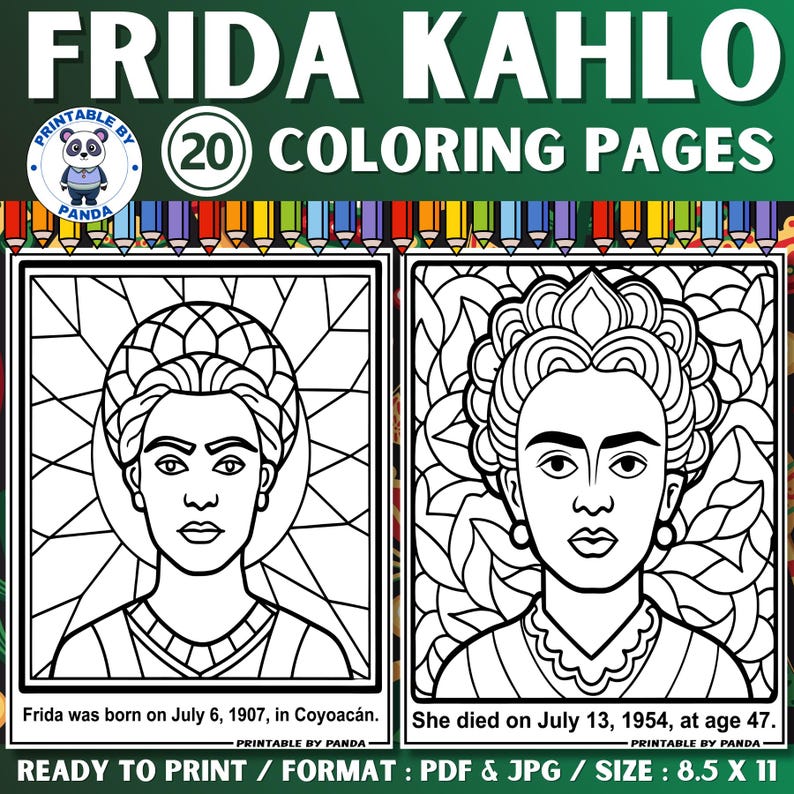 Frida Kahlo Coloring Pages Sheets Poster | Hispanic Heritage Month ...
