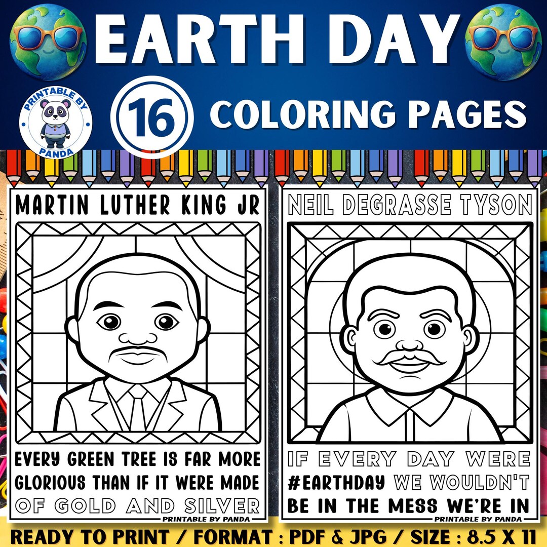 Earth Day Coloring Pages: Famous Figures, Inspiring Quotes (PDF & JPG ...