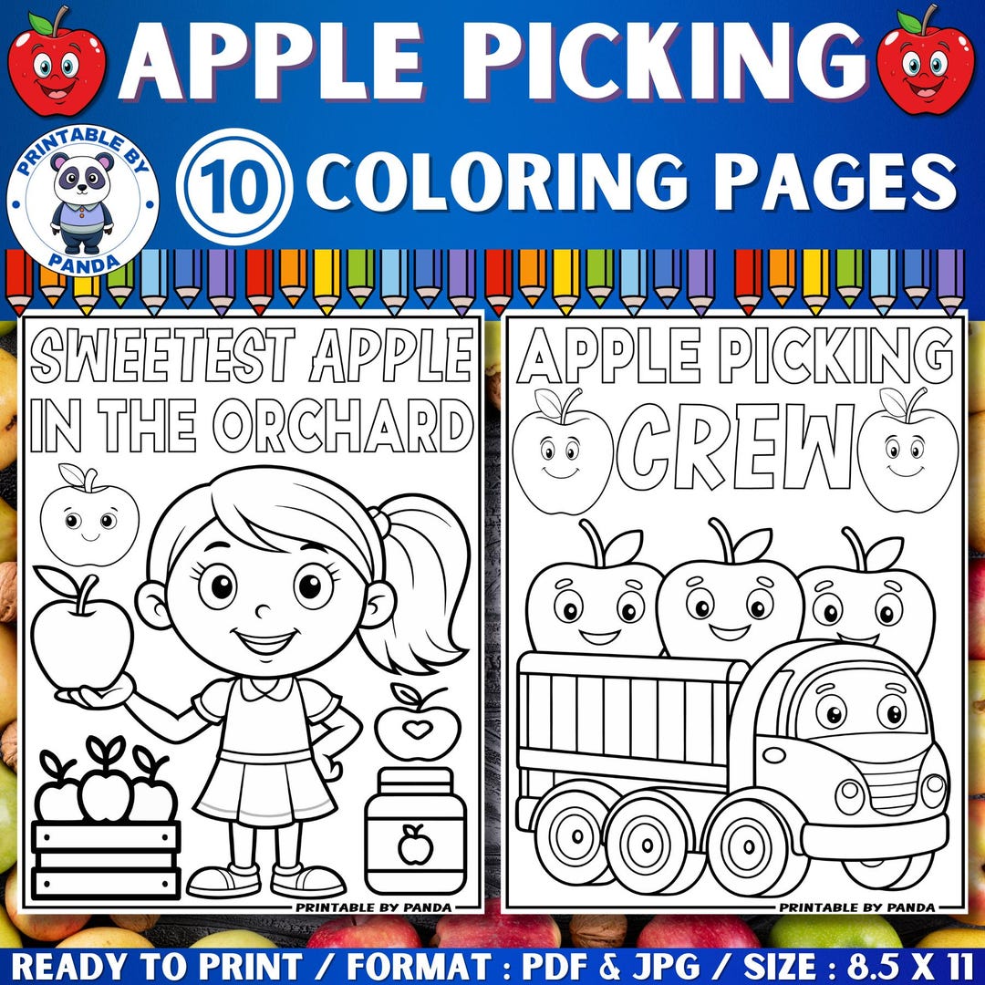 Apple Picking Coloring Pages Sheets | Apple Orchard Coloring Pages Fall ...