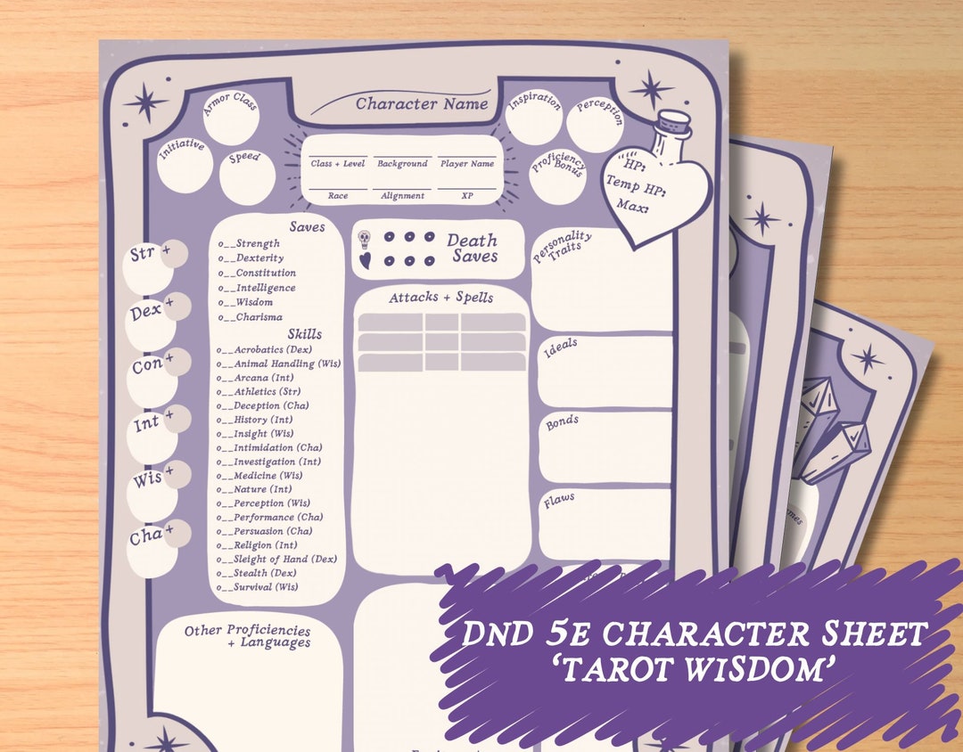 Dnd 5e Character Sheet "tarot Wisdom" | Fillable + Printable Pdfs Color ...