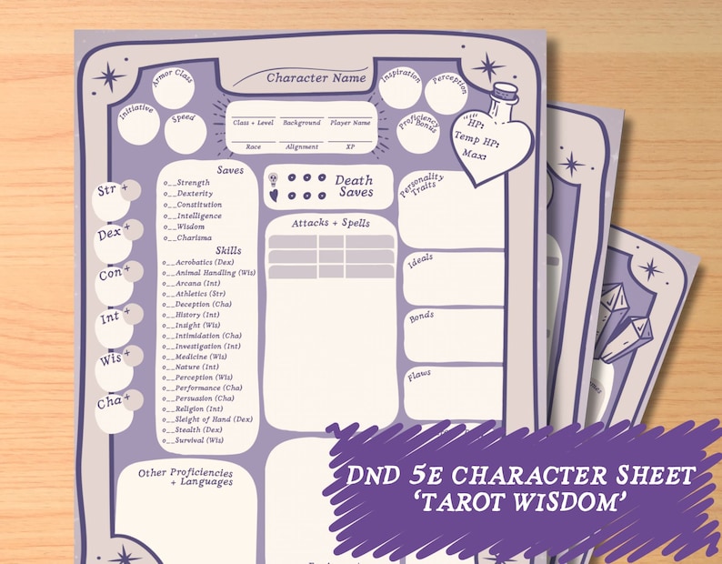 Dnd 5e Character Sheet "tarot Wisdom" | Fillable + Printable Pdfs Color ...