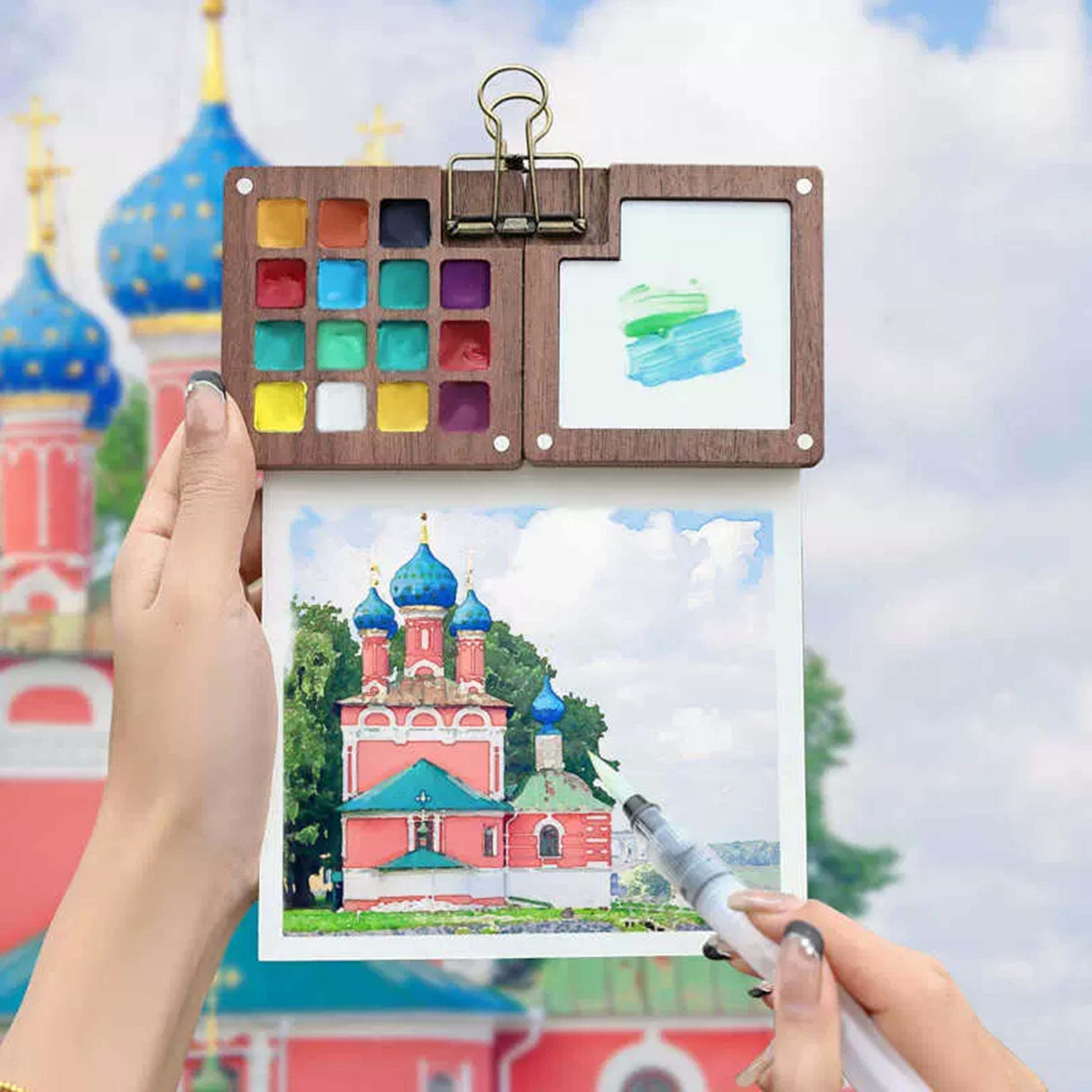 15 Color Wooden Grid Paint Box, Portable Sketchbook Palette,travel ...