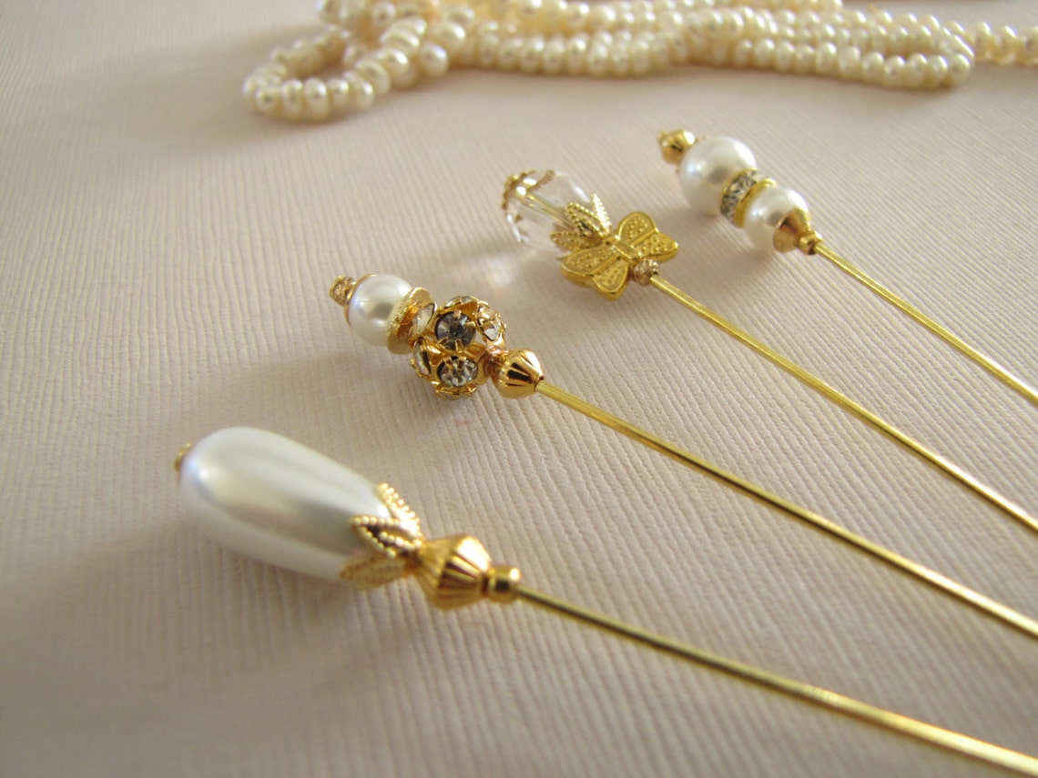 Pearls Clear Crystal Hijab Pins, Hatpins, Gold Plated Stick Pins ...