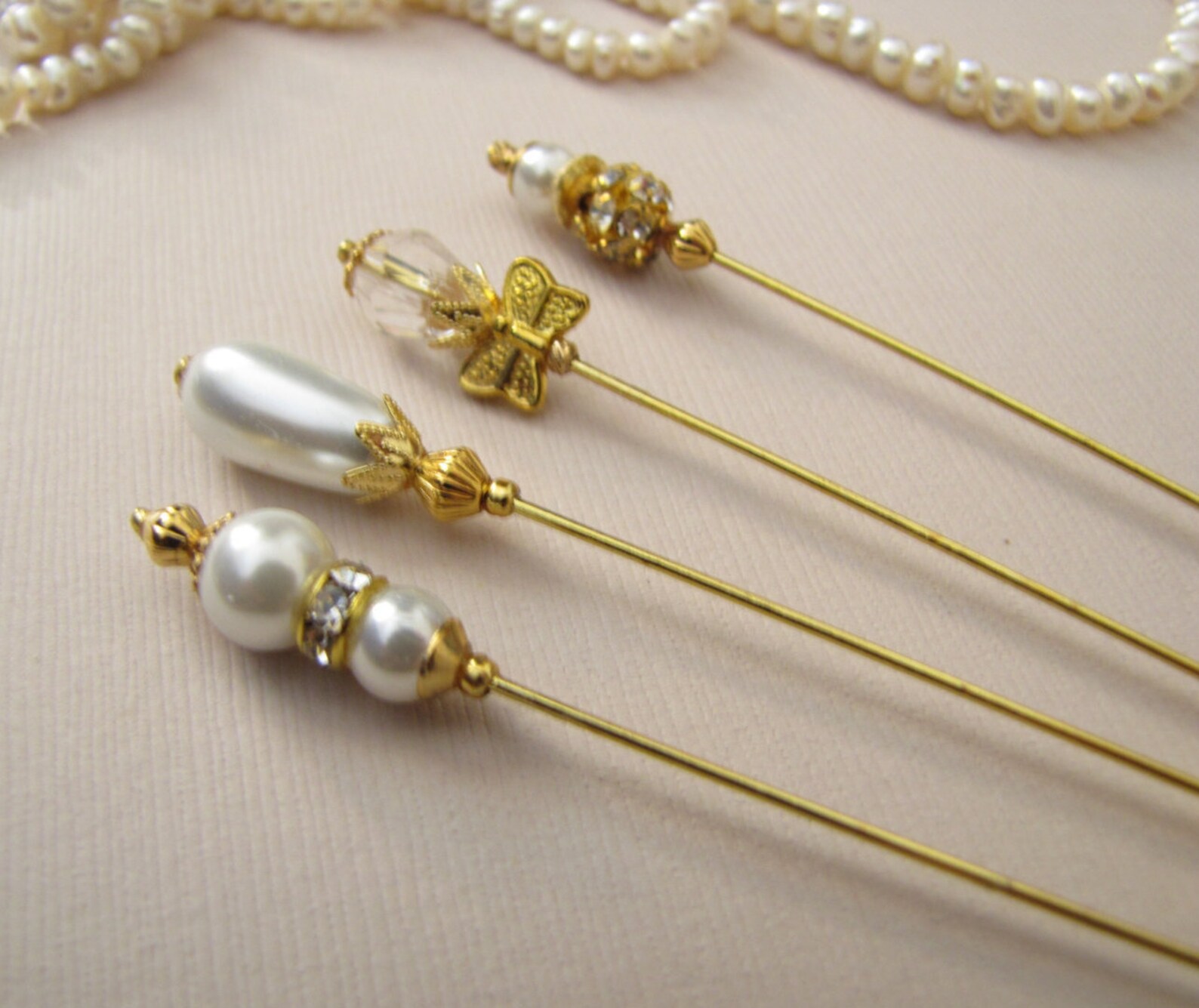 Pearls Clear Crystal Hijab Pins, Hatpins, Gold Plated Stick Pins ...