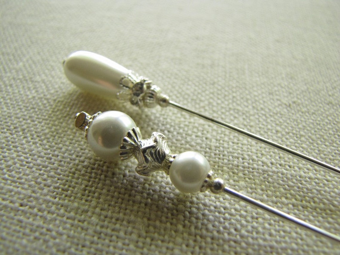 2 White Pearls Hatpins Hijab Pins Silver Plated Stick Pins - Etsy