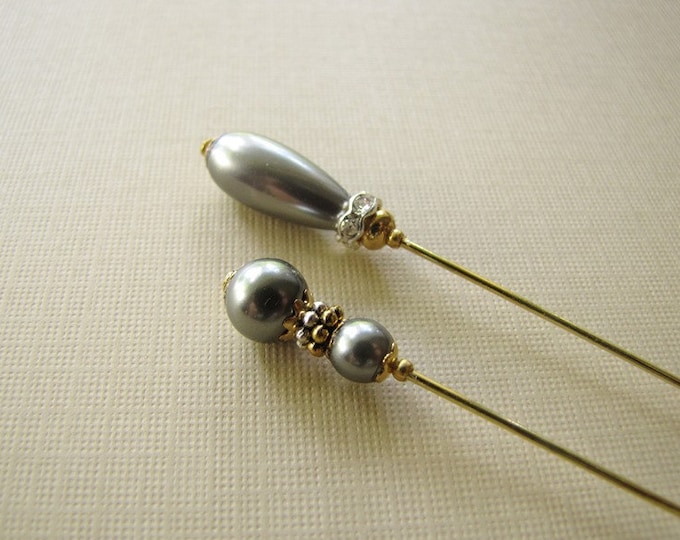 2 Pewter Teardrop Pearl Hatpins Gold Plated Hijab Pins Stick - Etsy