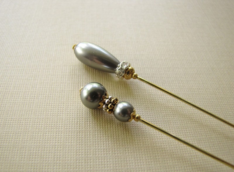 2 Pewter Teardrop Pearl Hatpins Gold Plated Hijab Pins Stick | Etsy