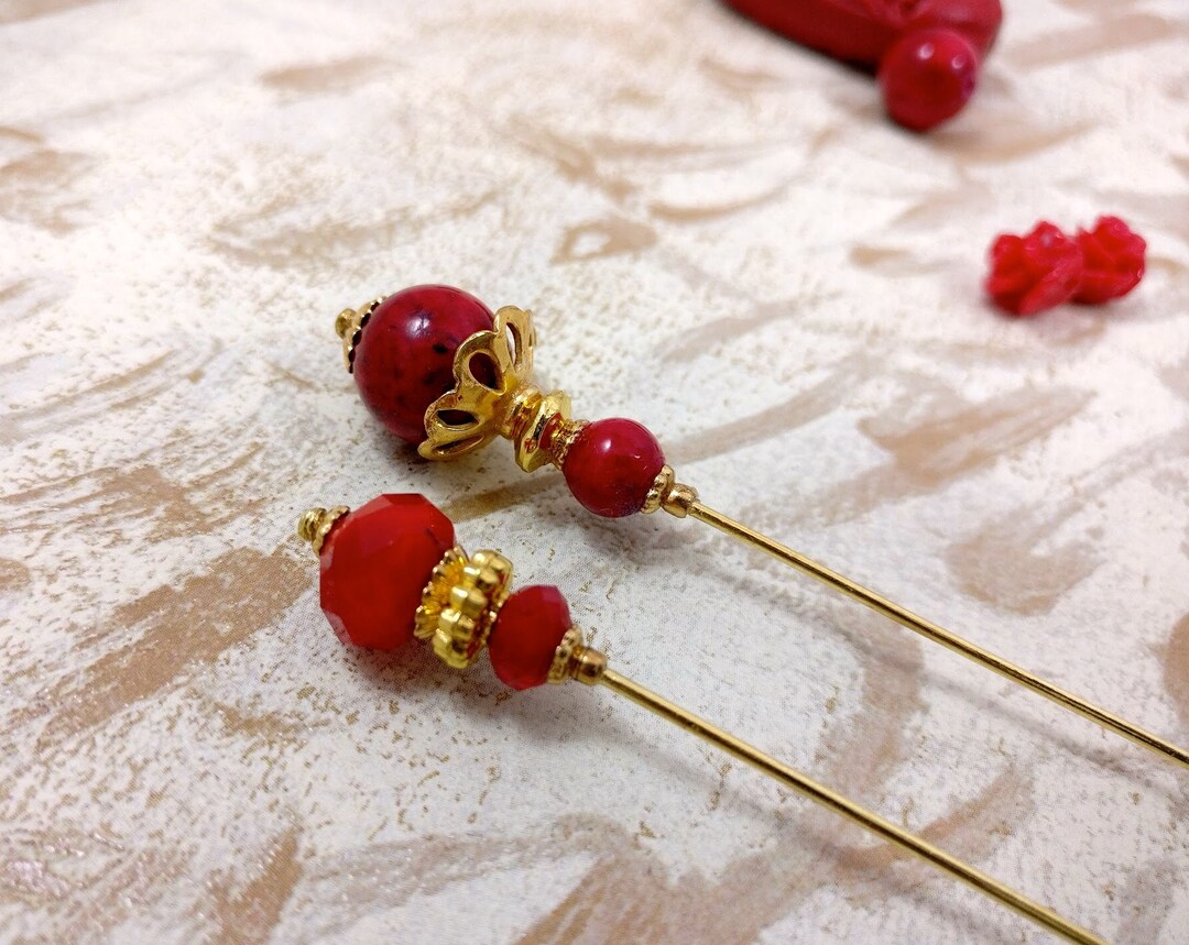 2 Red Gold Plated Hatpins Red Hijab Pins Gold Plated Stick Pins - Etsy