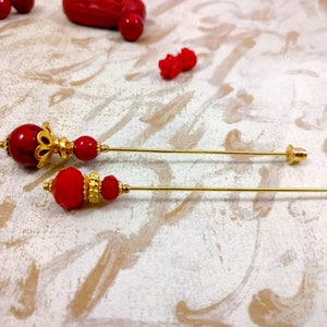 2 Red Gold Plated Hatpins Red Hijab Pins Gold Plated Stick Pins - Etsy