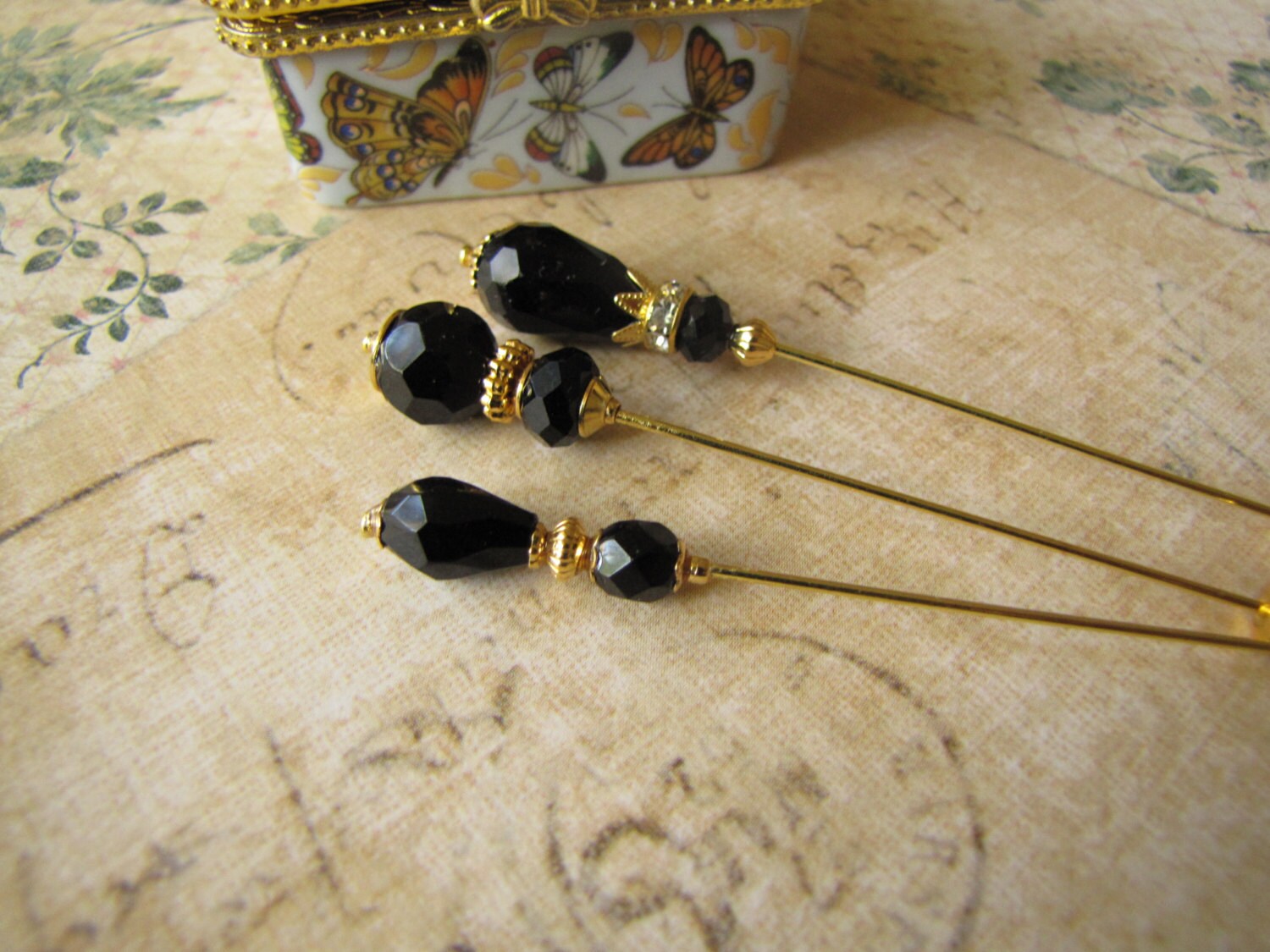 Black Crystal Hijab Pins, Hatpins, Gold Plated Stick Pins - Etsy