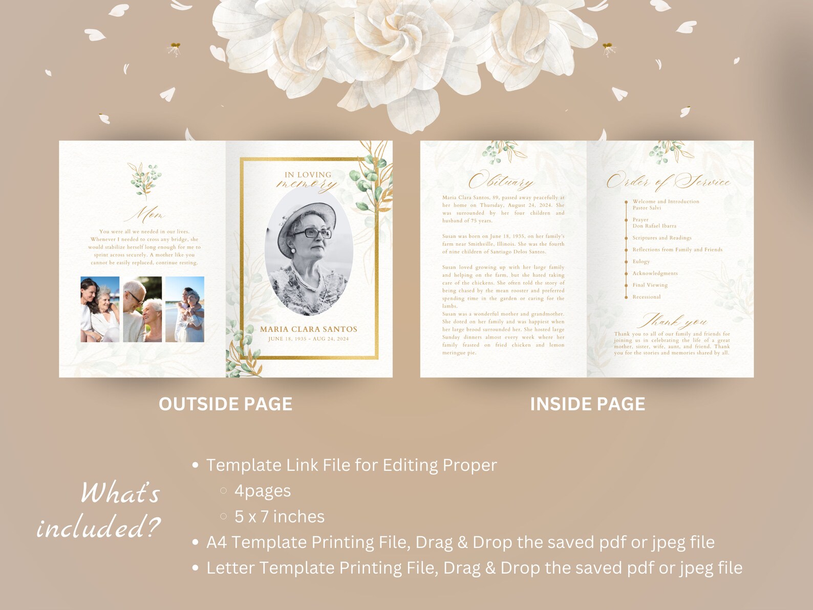 Golden Frame Obituary Template With Photo, Elegant Funeral Program ...