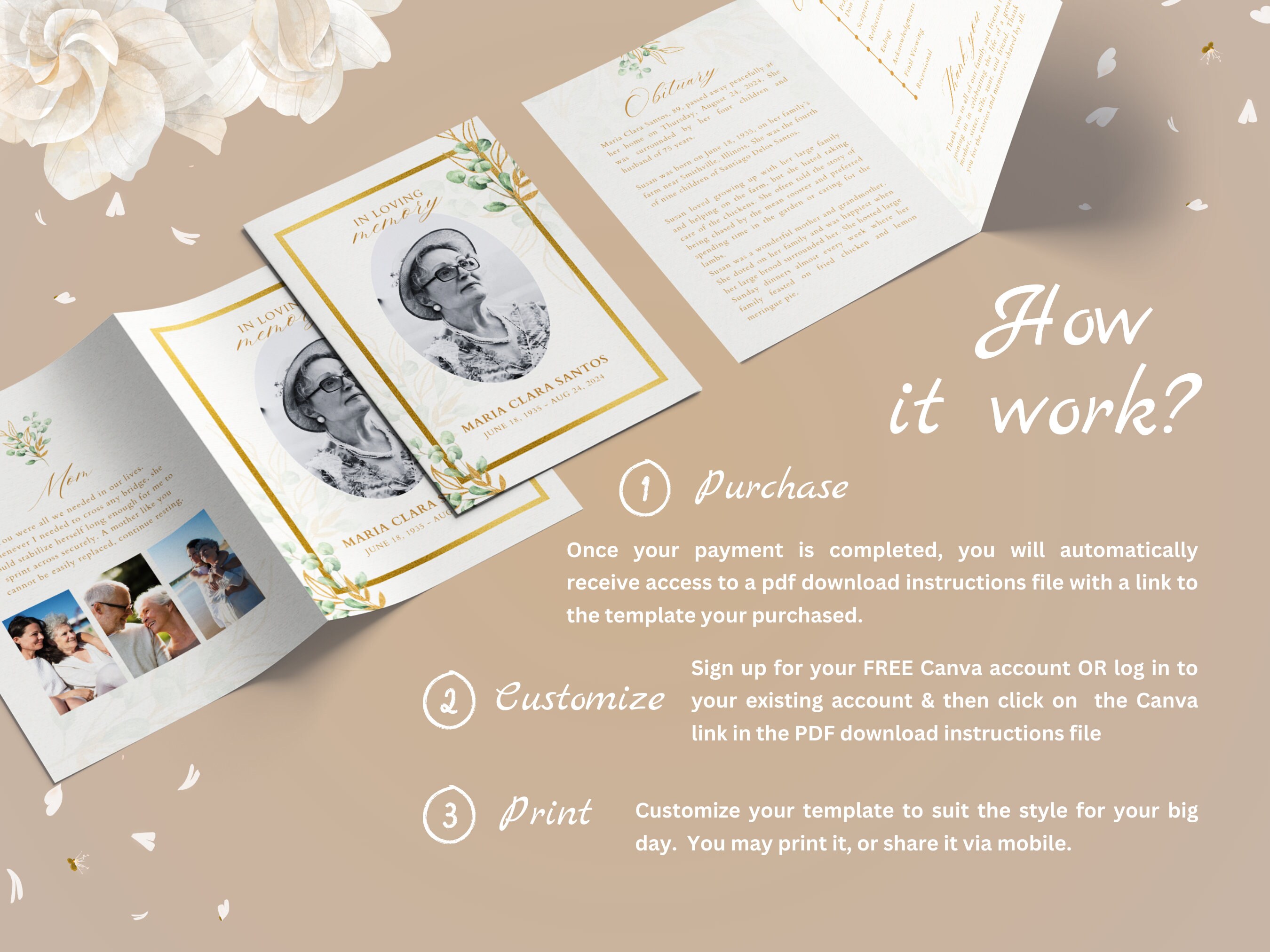 Golden Frame Obituary Template With Photo, Elegant Funeral Program ...