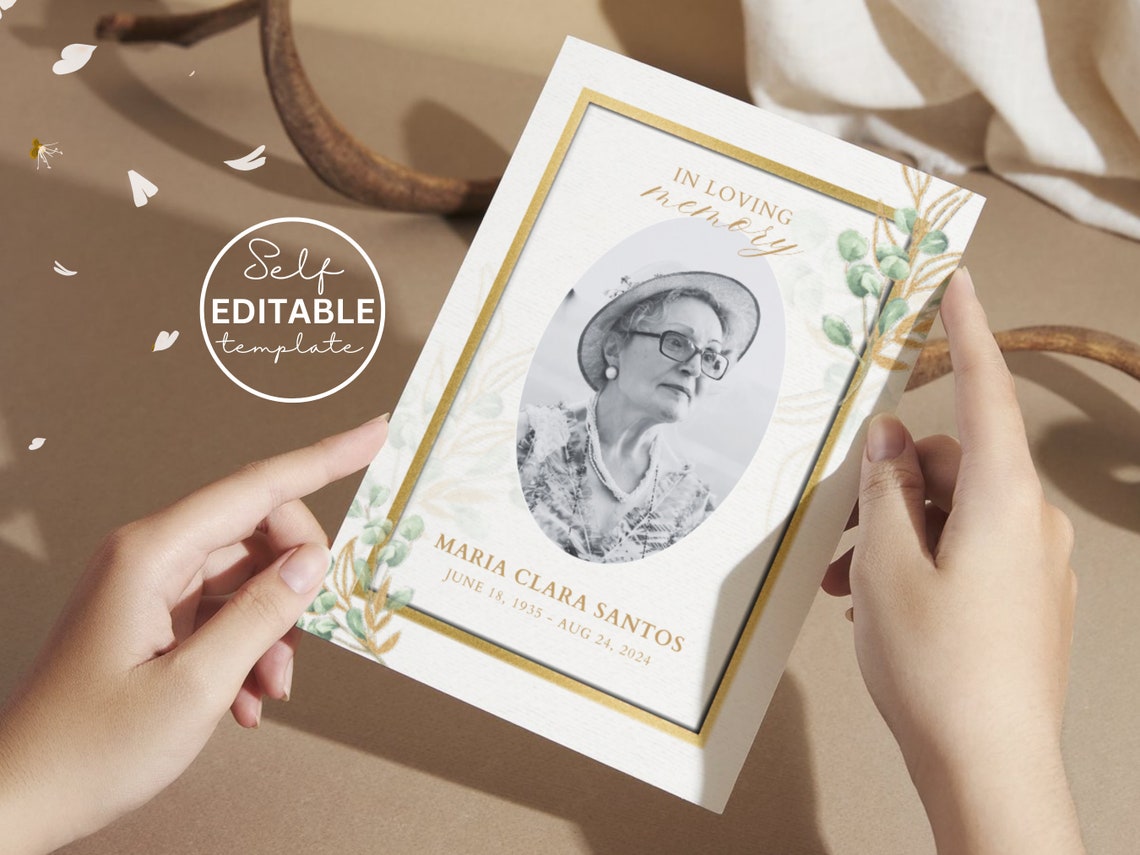 Golden Frame Obituary Template With Photo, Elegant Funeral Program ...
