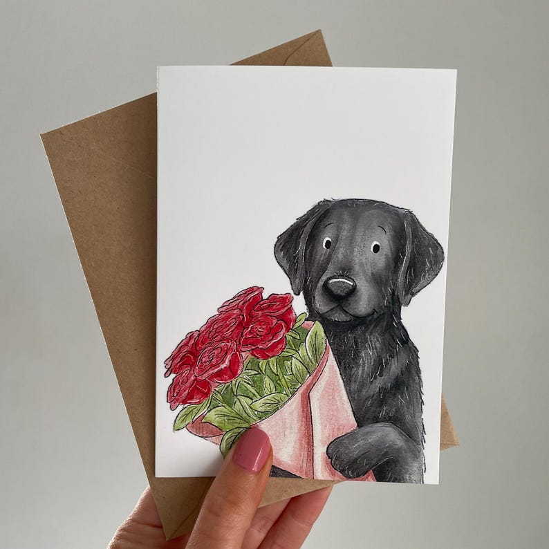 Black Labrador Flowers Card, Thank You Card, Black Labrador Art ...