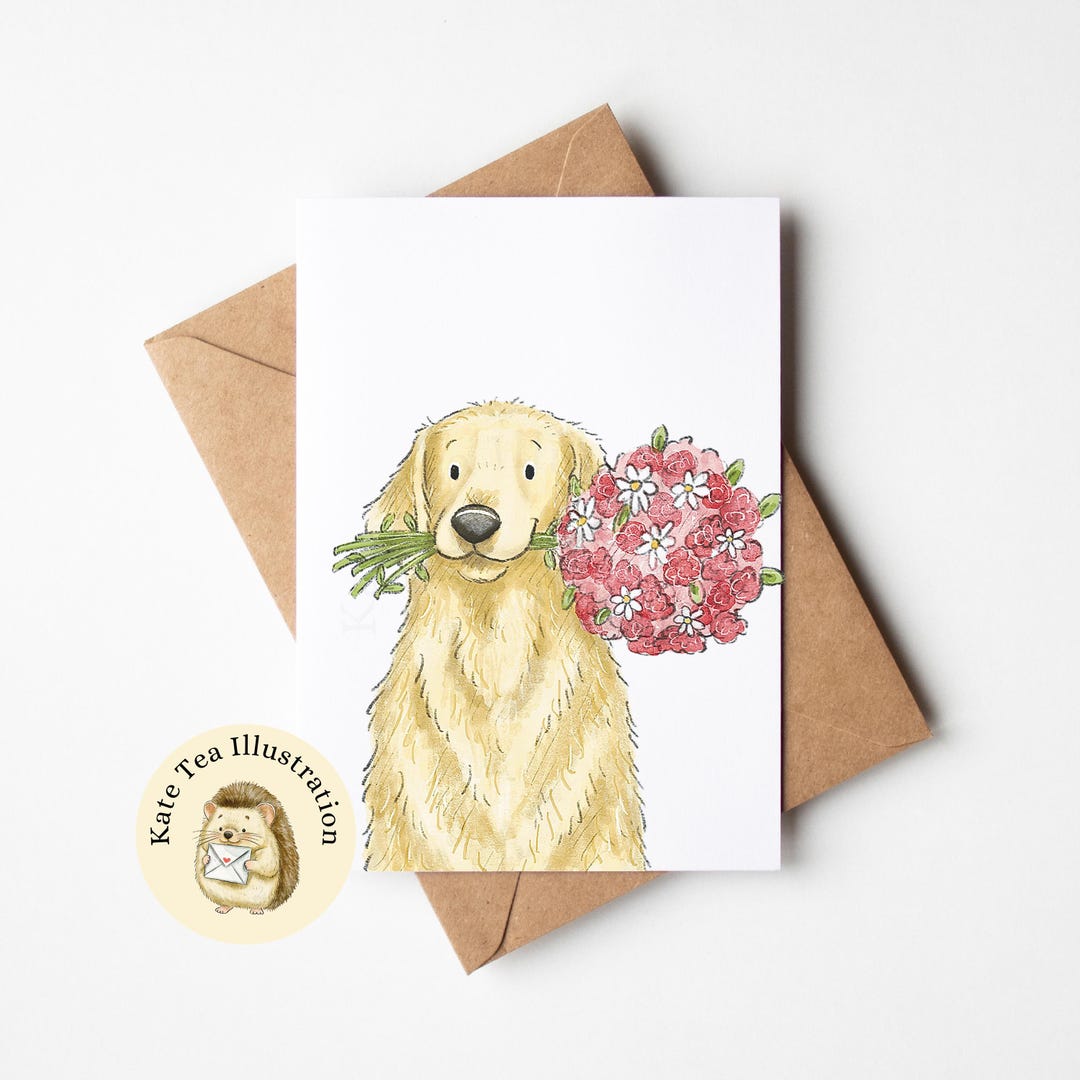 Golden Retriever Flowers Card, Golden Retriever Card, Dog Card, Thank ...