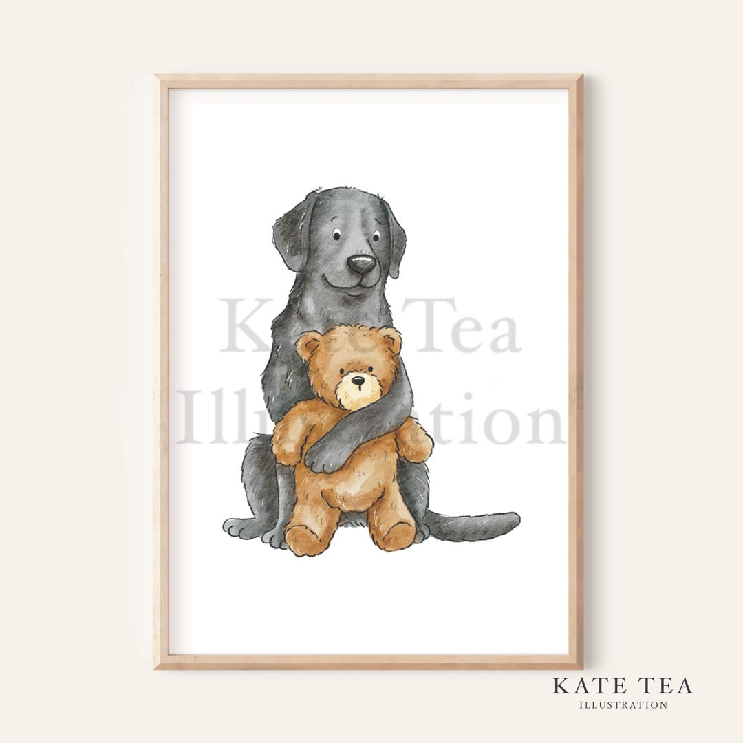 Black Lab With Teddy Bear - A5 Watercolour Art Print | Nursery Dog Wall ...