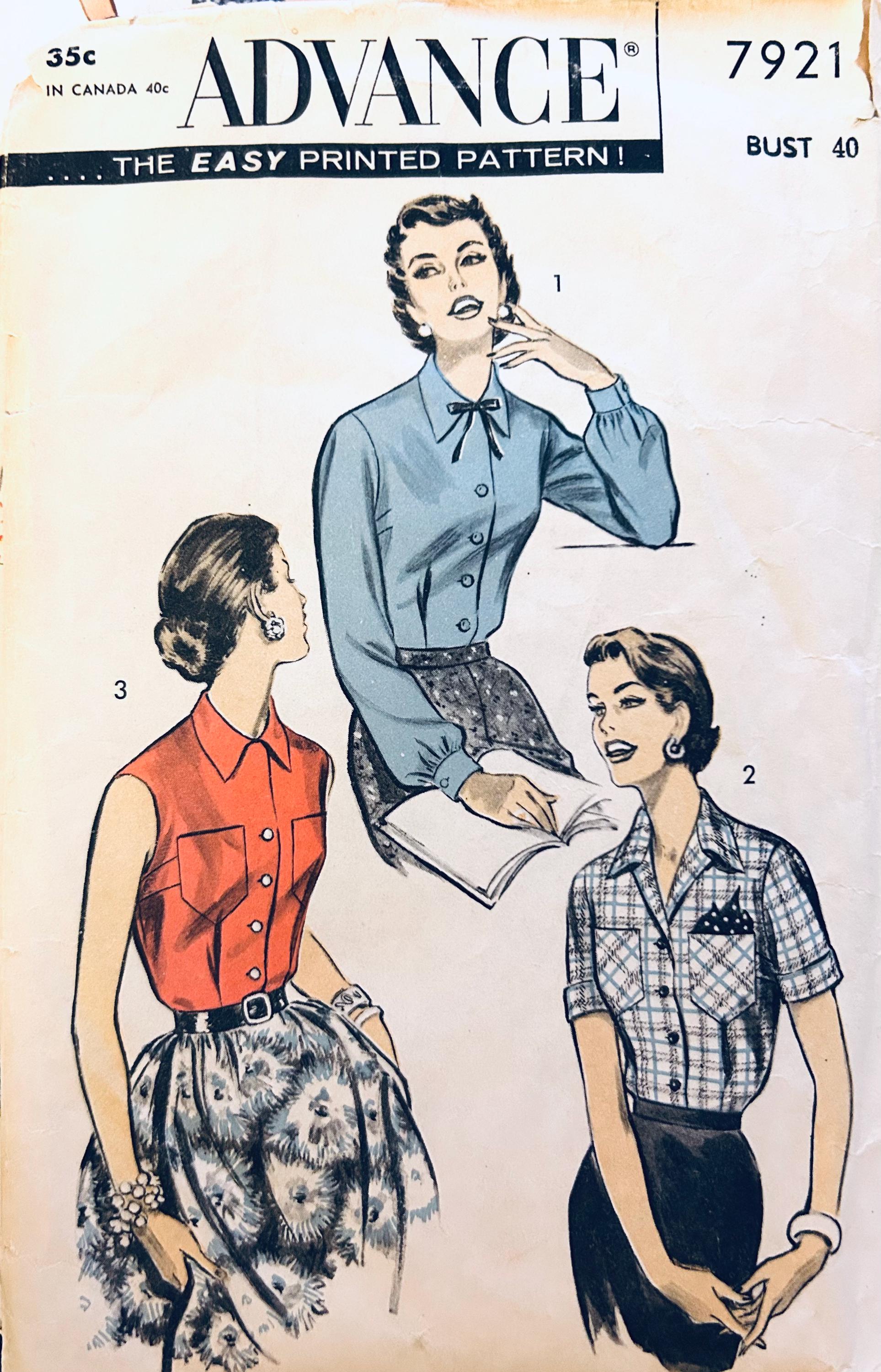 Advance 7921 B40, Classic Style Button Front Blouse Pattern, Sleeveless ...