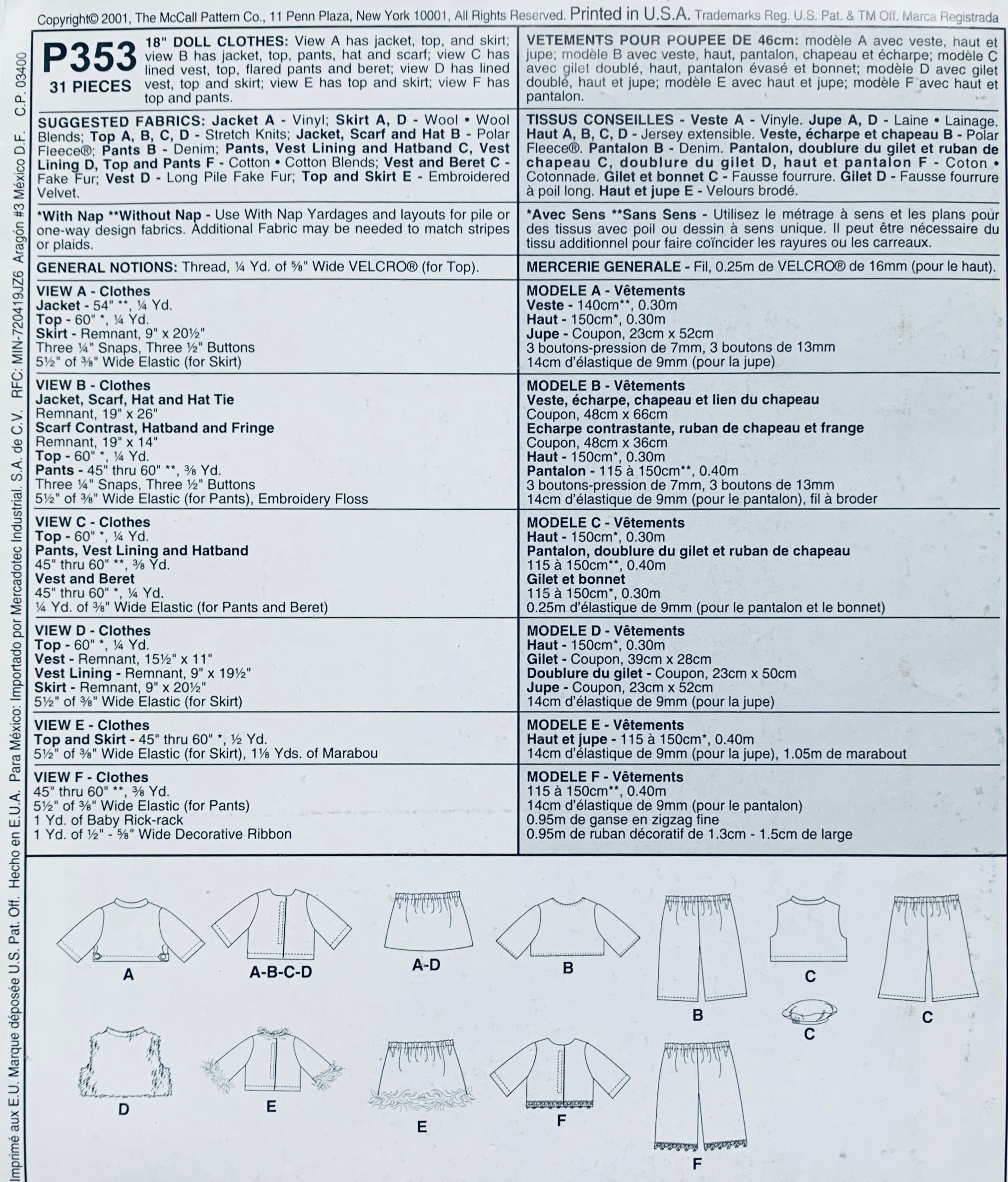 Mccalls 353, Doll Clothes Pattern 18 Inch, Doll Clothing Patterns, Doll ...