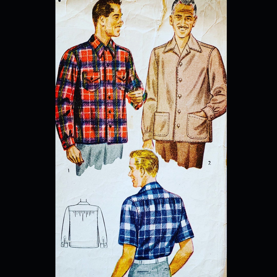 Simplicity 1961 L, Flannel Shirt Sewing Pattern, Vintage Mens Shirt ...