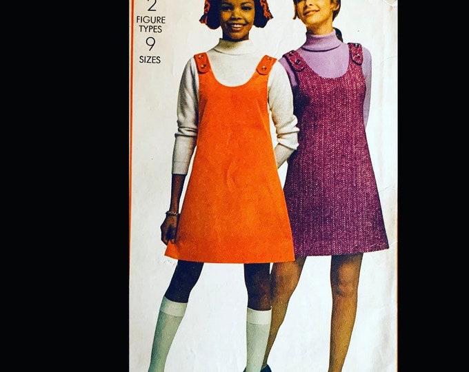 70s Super Simple Jumper Dress A Line Button Trim Learn to Sew EASY ...