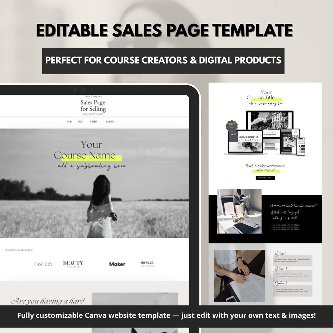 Aesthetic Canva Sales Page Template Editable Landing Page for Coaches ...