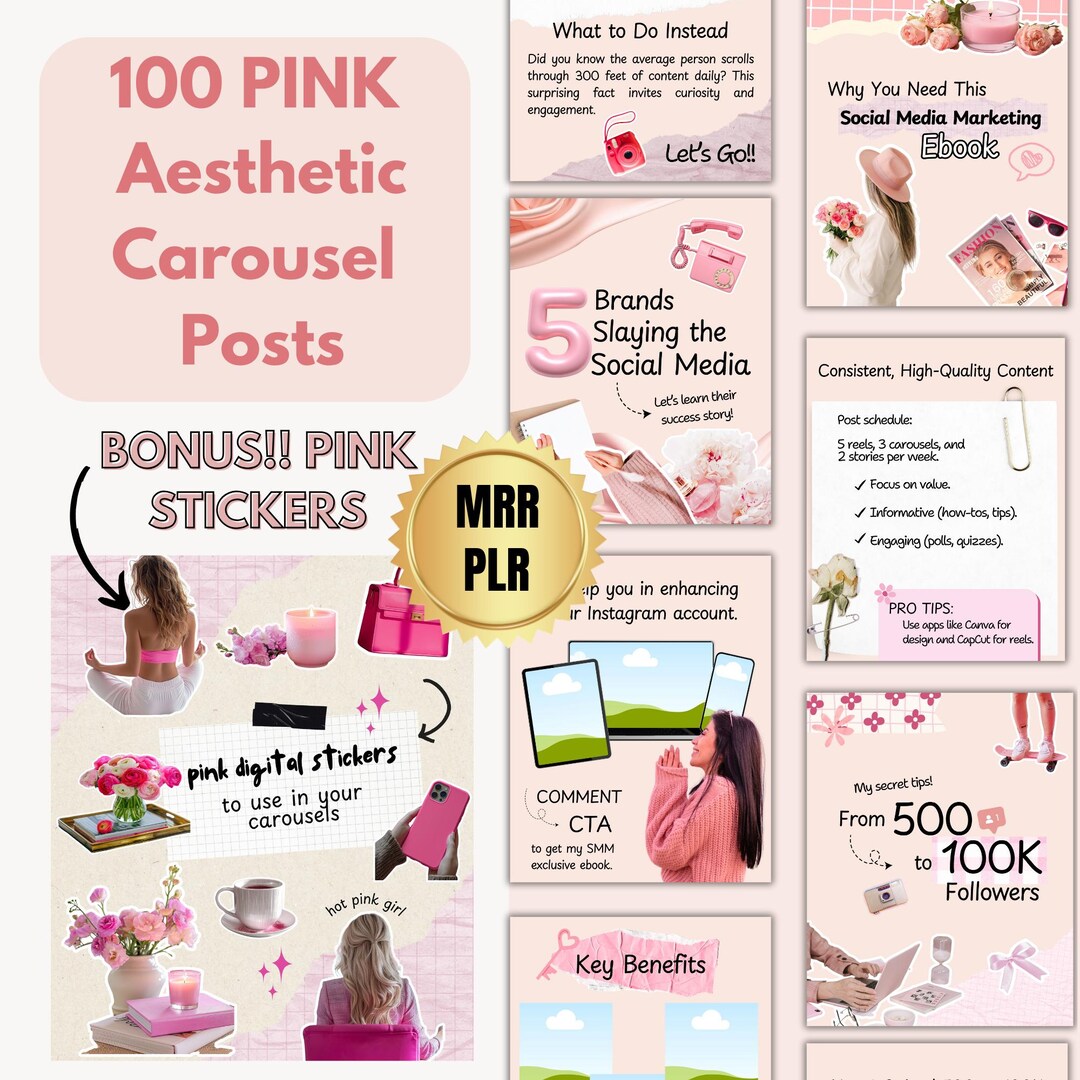 100 Pink Aesthetic Instagram Carousel Templates, Bonus Digital Stickers ...