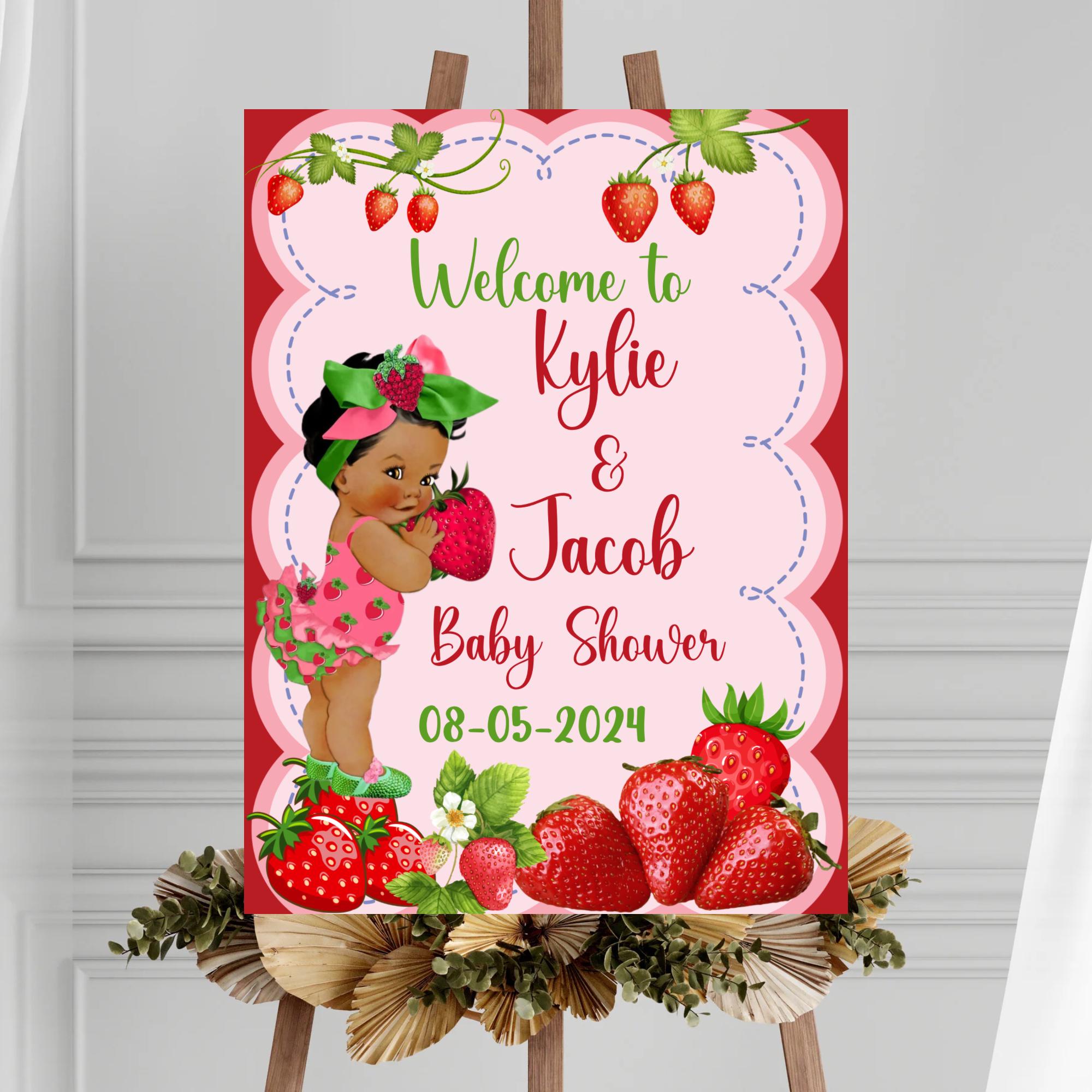 Strawberry Baby Shower Welcome Board, Afro Strawberry Baby Shower ...