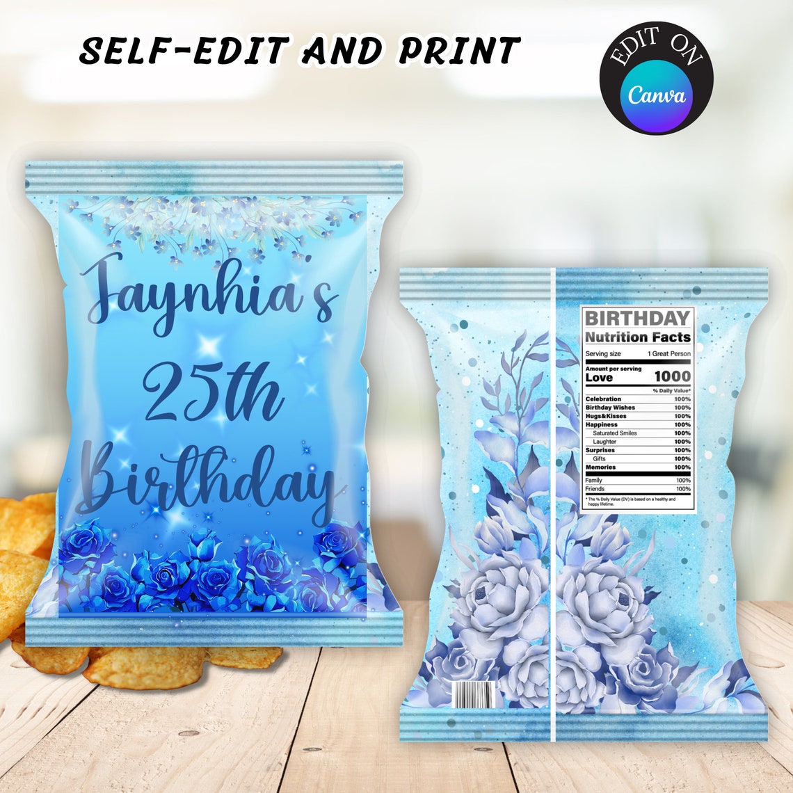 Shades of Blue Chip Bag, Shades of Blue Party Favors, Blue Flowers Chip ...