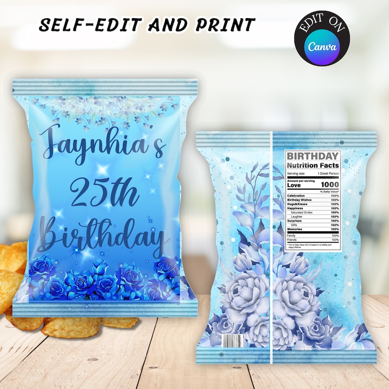 Shades of Blue Chip Bag, Shades of Blue Party Favors, Blue Flowers Chip ...