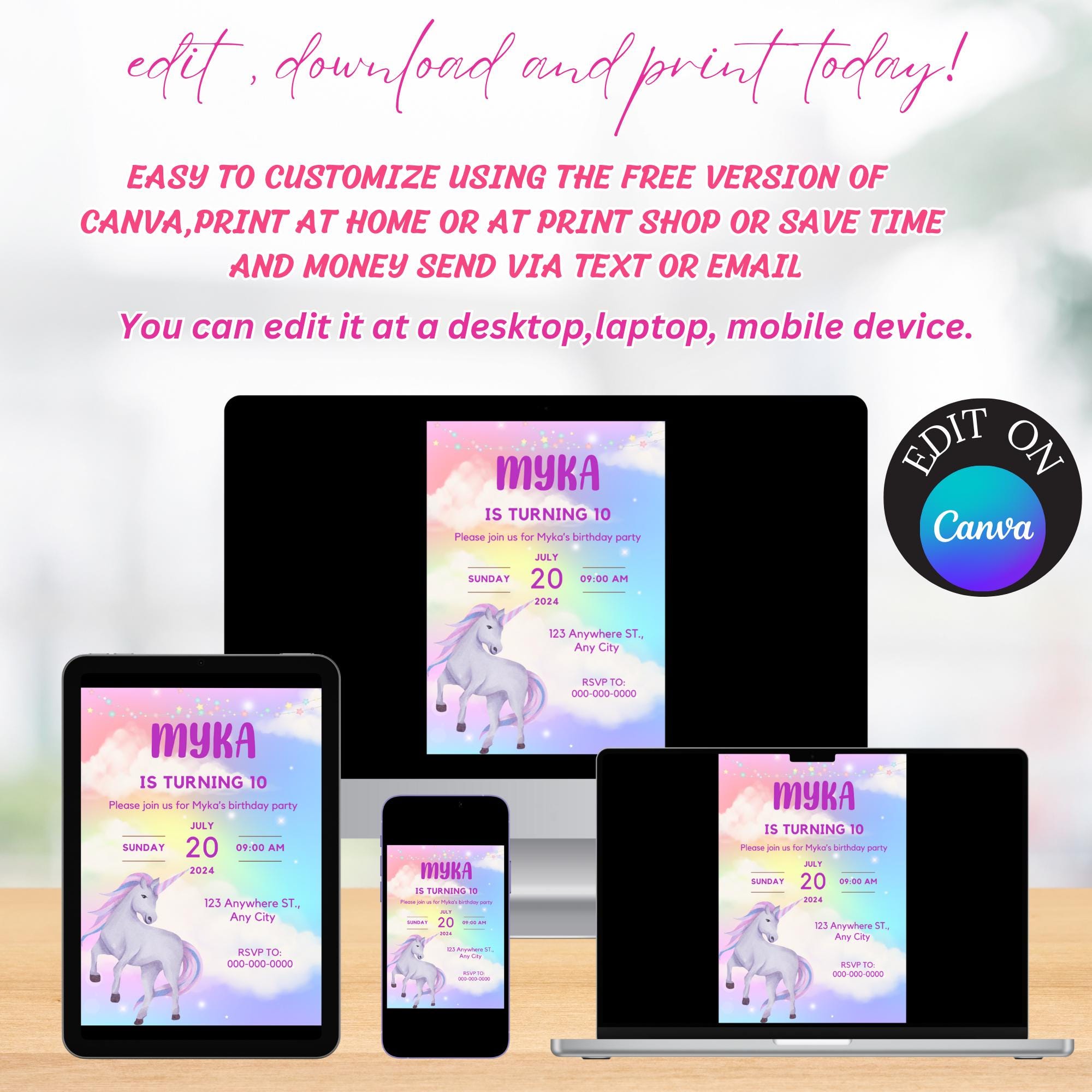Editable Pastel Unicorn Birthday Invitation, Pastel Unicorn Birthday ...