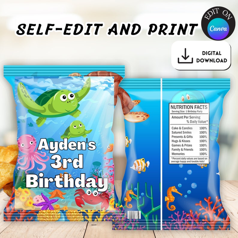 Turtle Birthday Chip Bag, Under the Sea Party Favor, Turtles Birthday ...
