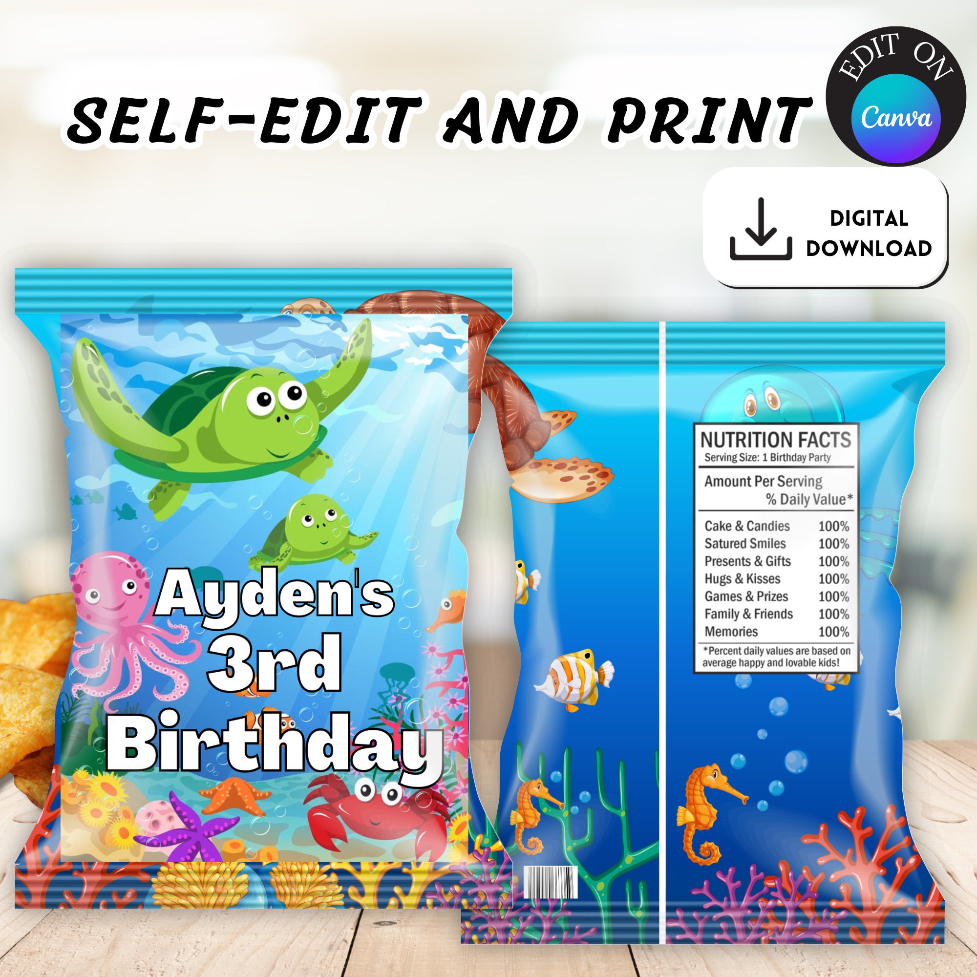 Turtle Birthday Chip Bag, Under the Sea Party Favor, Turtles Birthday ...