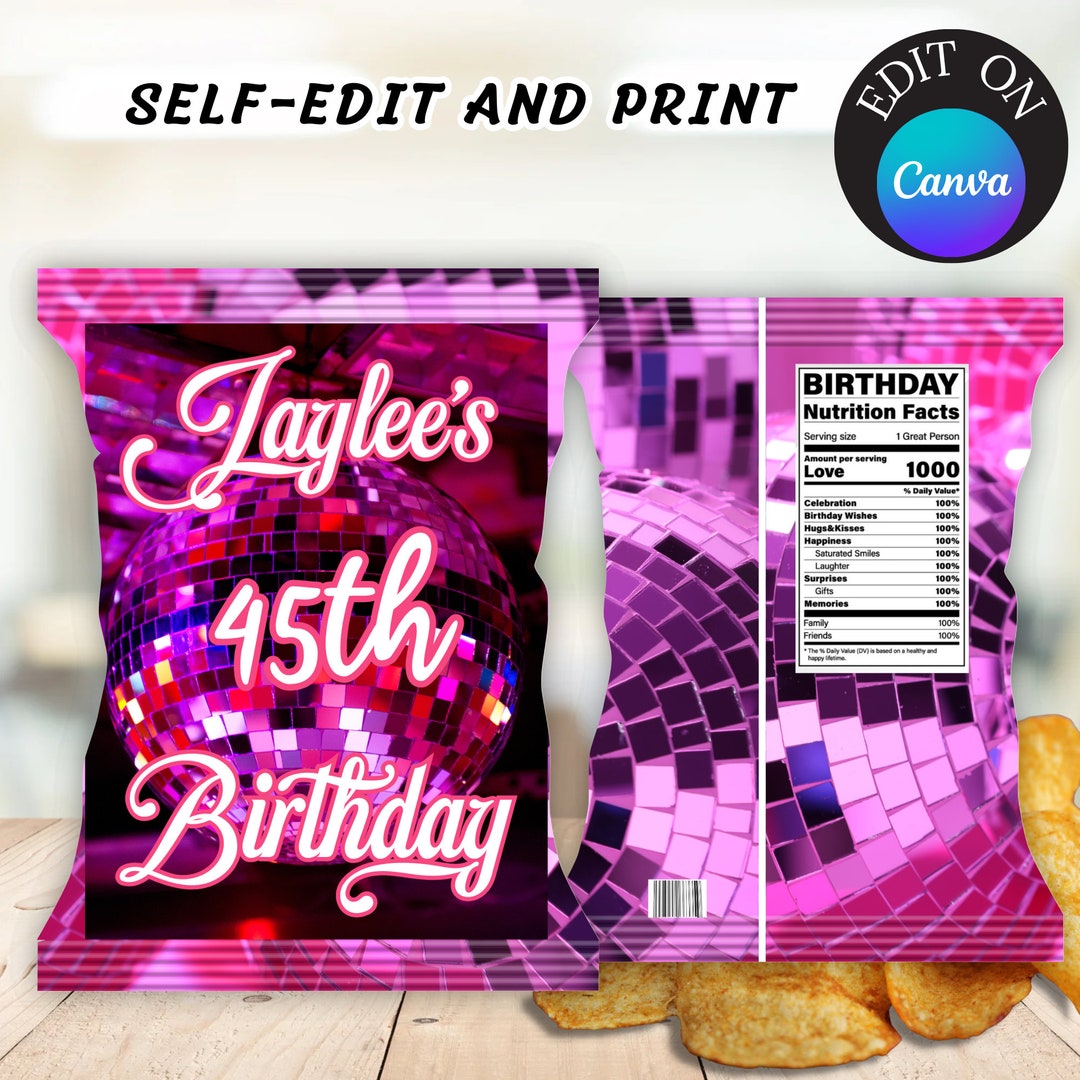 Editable Disco Chip Wrap, Pink Disco Chip Bag, Pink Disco Ball Birthday ...