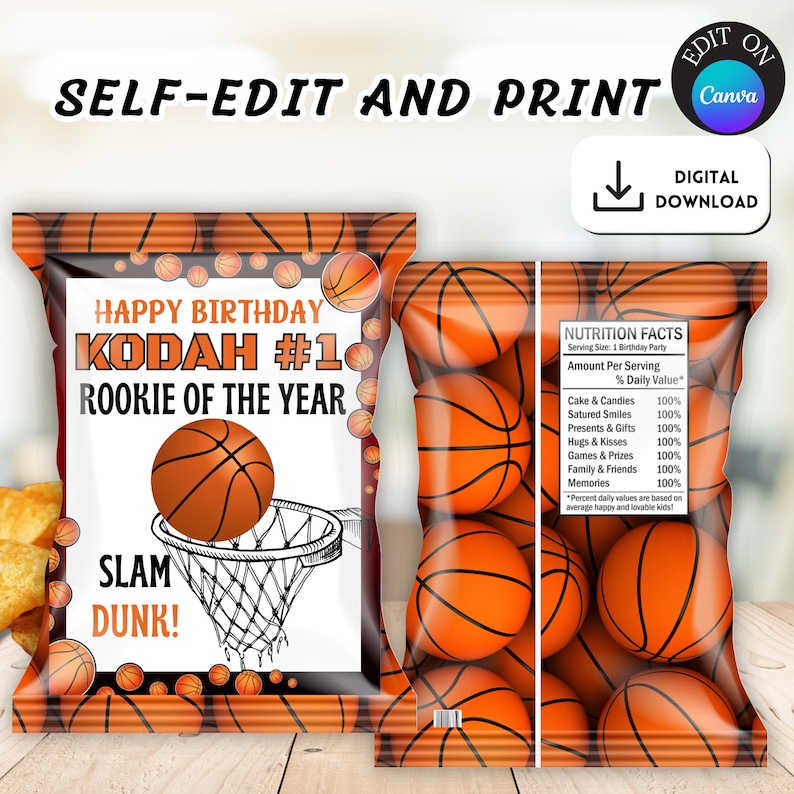Basket Ball Chip Bag, Rookie of the Year Treat Bag, Slam Dunk Party ...