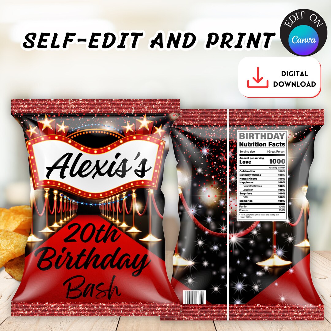 Red Carpet Chip Bag, EDITABLE Red Carpet Theme Chip Wrap, Digital Chip ...