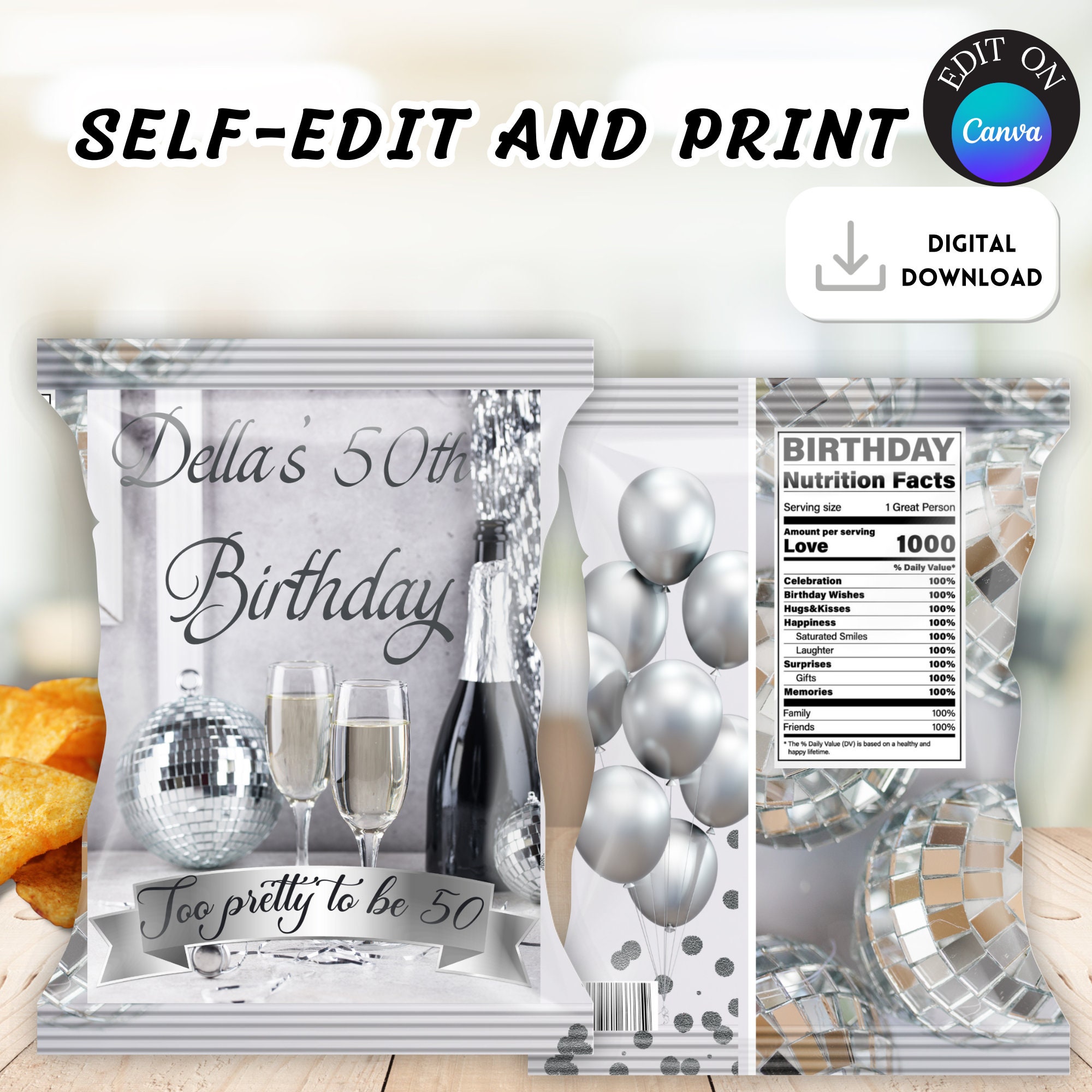 Silver Chip Bag, EDITABLE Silver Theme for Adult, Silver Birthday Chip ...