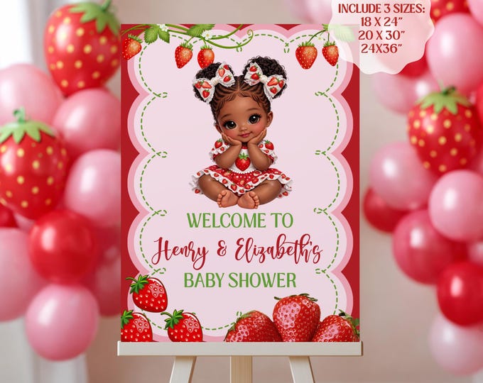 Strawberry Baby Shower Welcome Sign, Afro Strawberry Girl Baby Shower ...