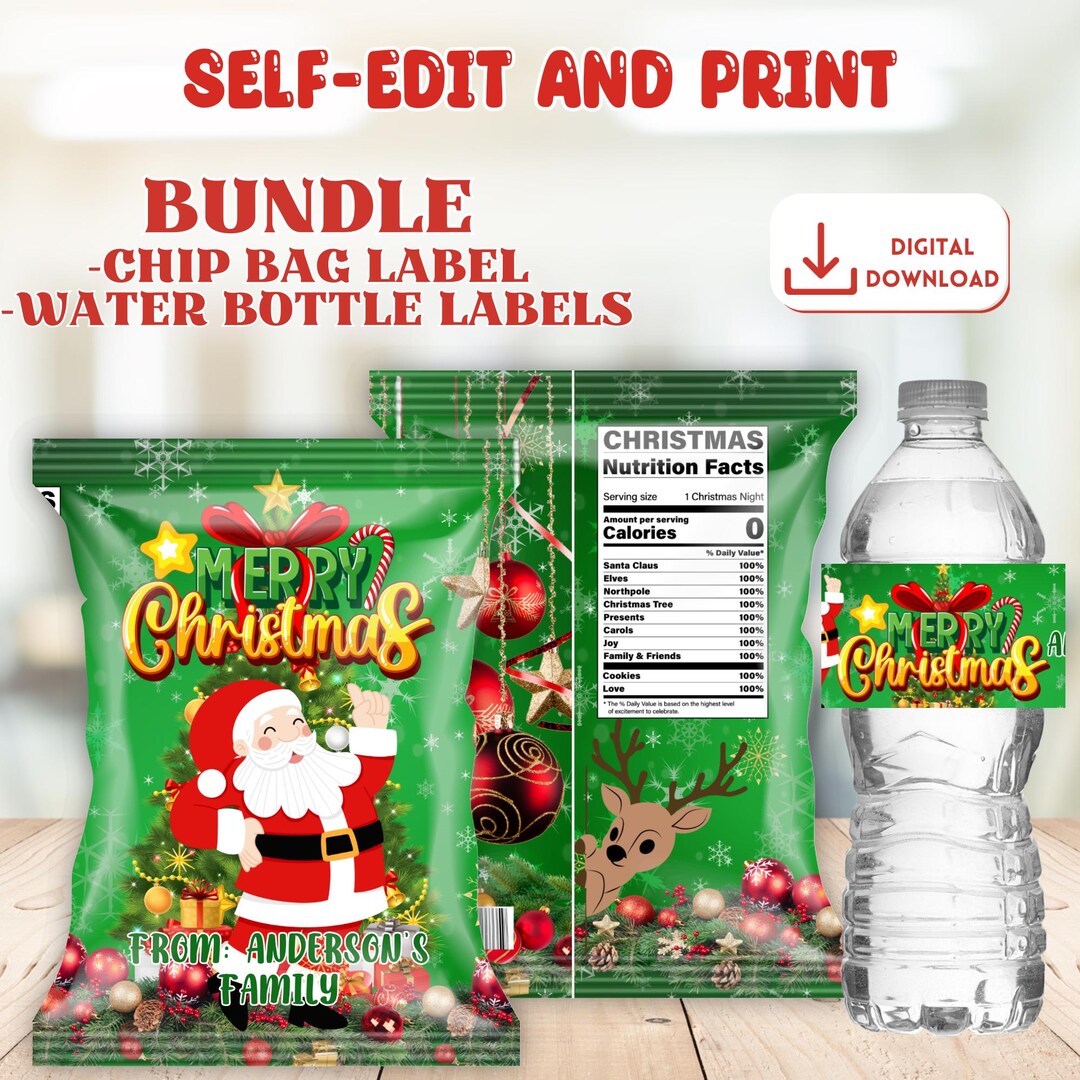 Editable Christmas Chip Bag, Green Christmas Chip Bag Bundle, Green ...