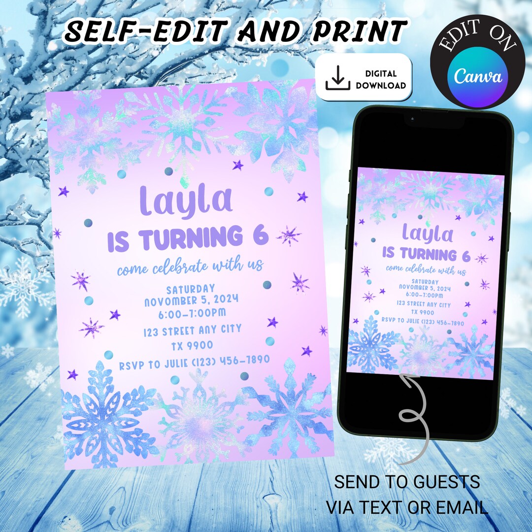 Winter Birthday Invitation, Purple Pastel Snow Birthday Invitation ...