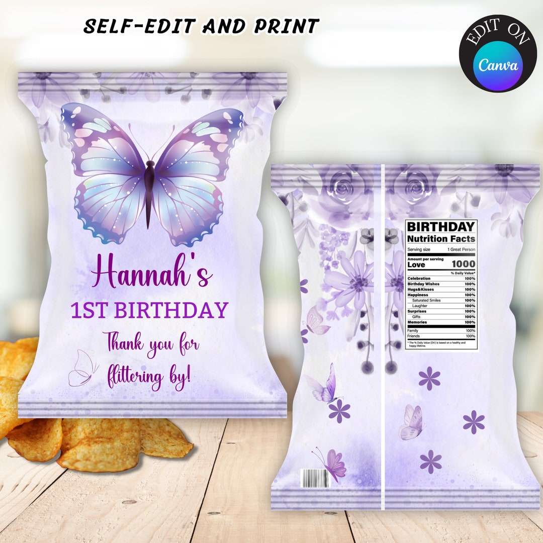 Editable Butterfly Chip Bag Watercolor Purple, Purple Butterfly 1st ...