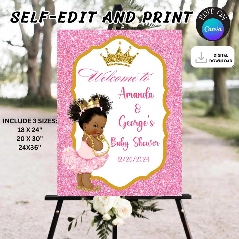 Editable Afro Princess Baby Shower Welcome Sign, African American ...