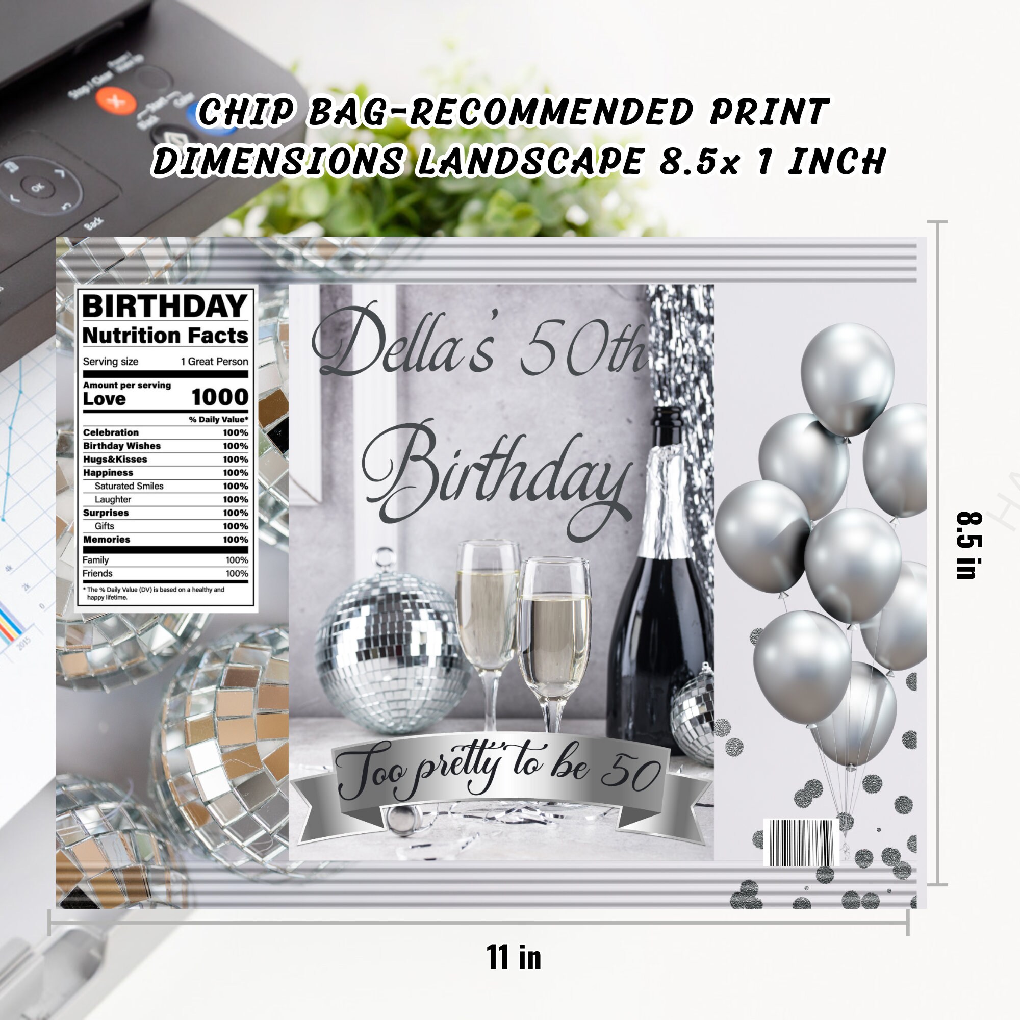 Silver Chip Bag, EDITABLE Silver Theme for Adult, Silver Birthday Chip ...