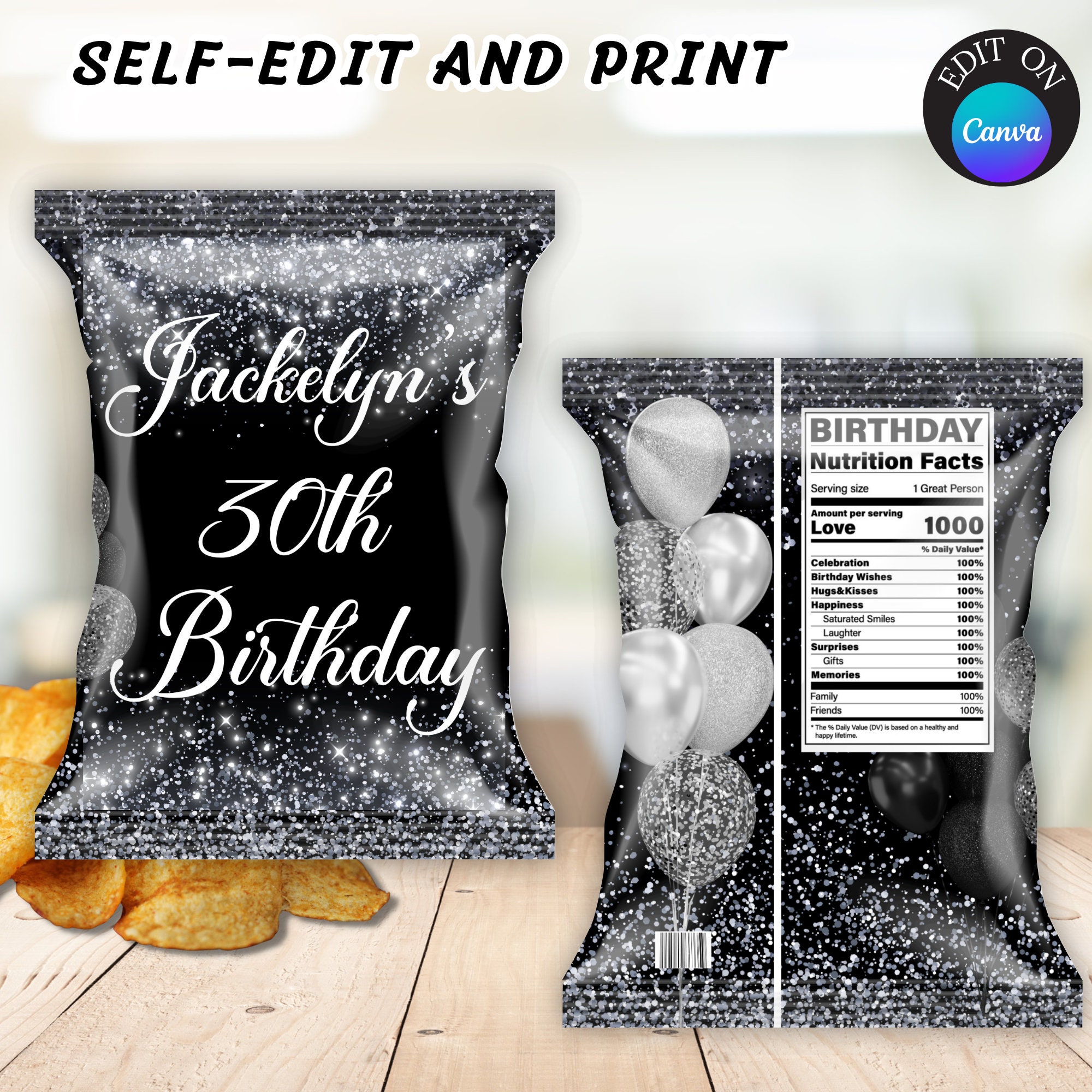 Black and Silver Chip Bag, EDITABLE Black and Silver Chip Wrap, Adult ...