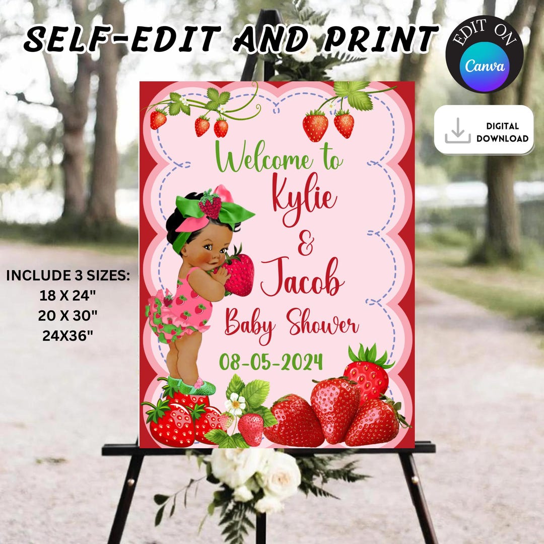 Strawberry Baby Shower Welcome Board, Afro Strawberry Baby Shower ...