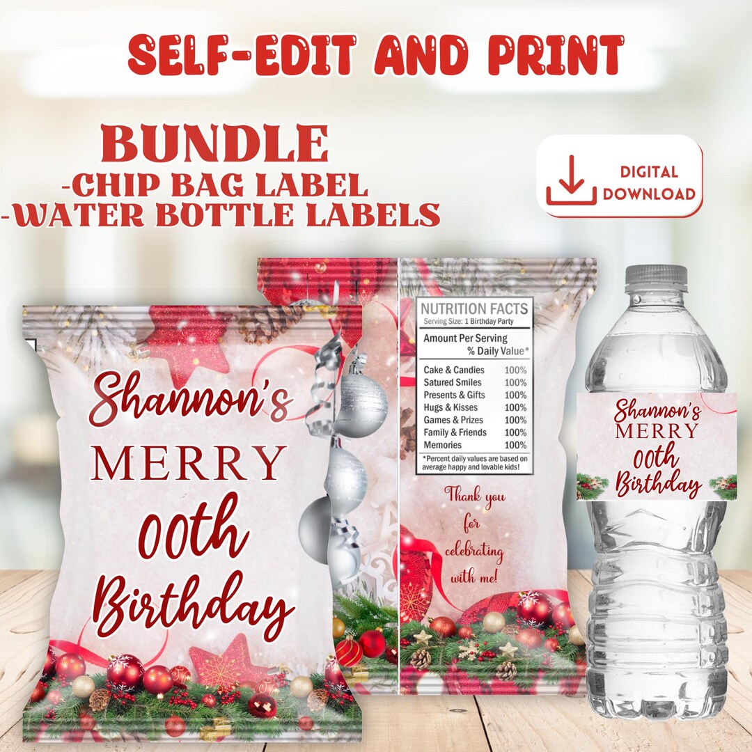 Editable Christmas Birthday Chip Bag, Merry Birthday Chip Wrap Bundle ...