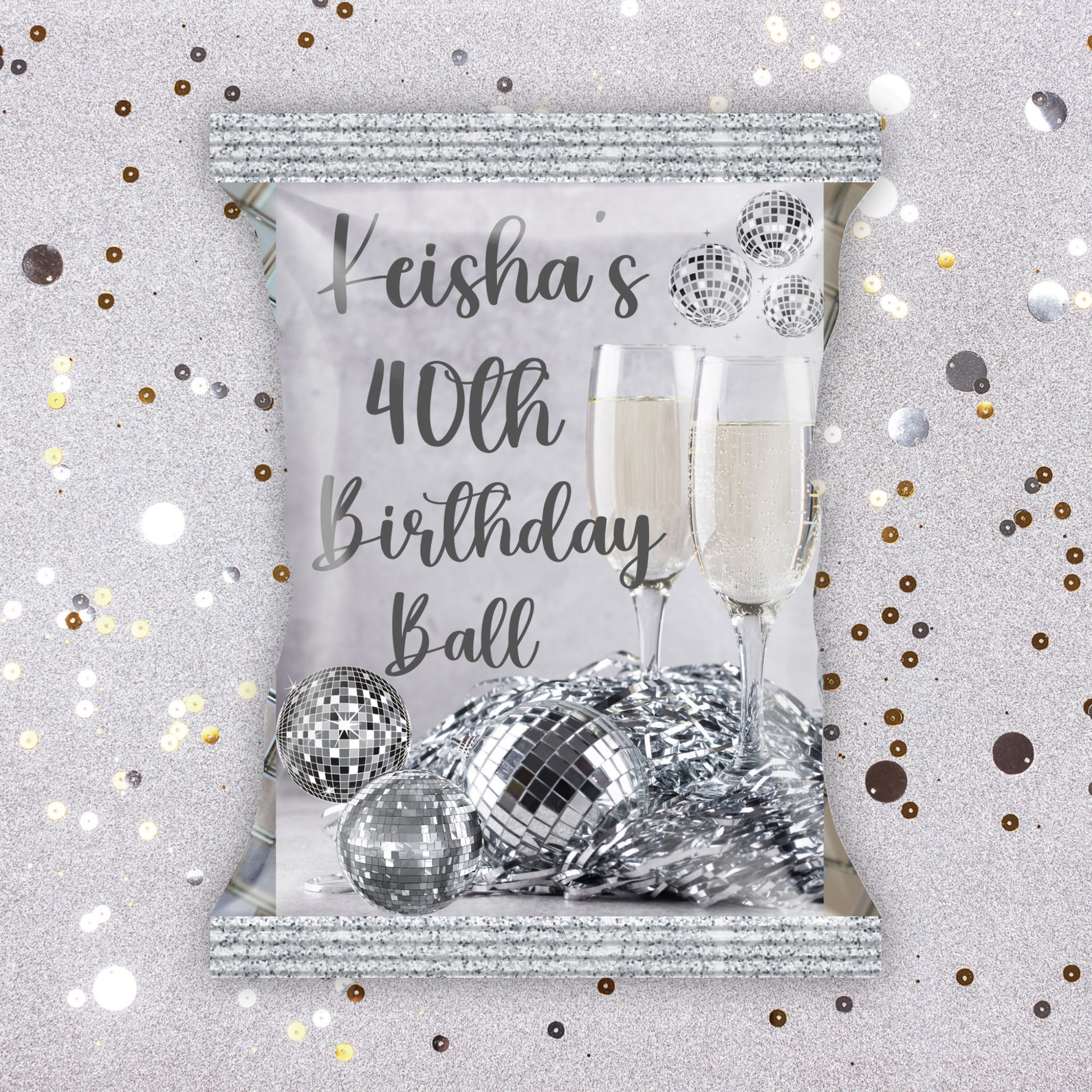 Disco Ball Chip Bag, Silver Disco Ball Chip Bag, Editable Silver Chip ...