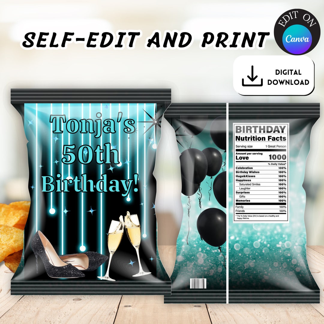 Black and Teal Chip Bag, Teal and Black EDITABLE Chip Bag Template ...