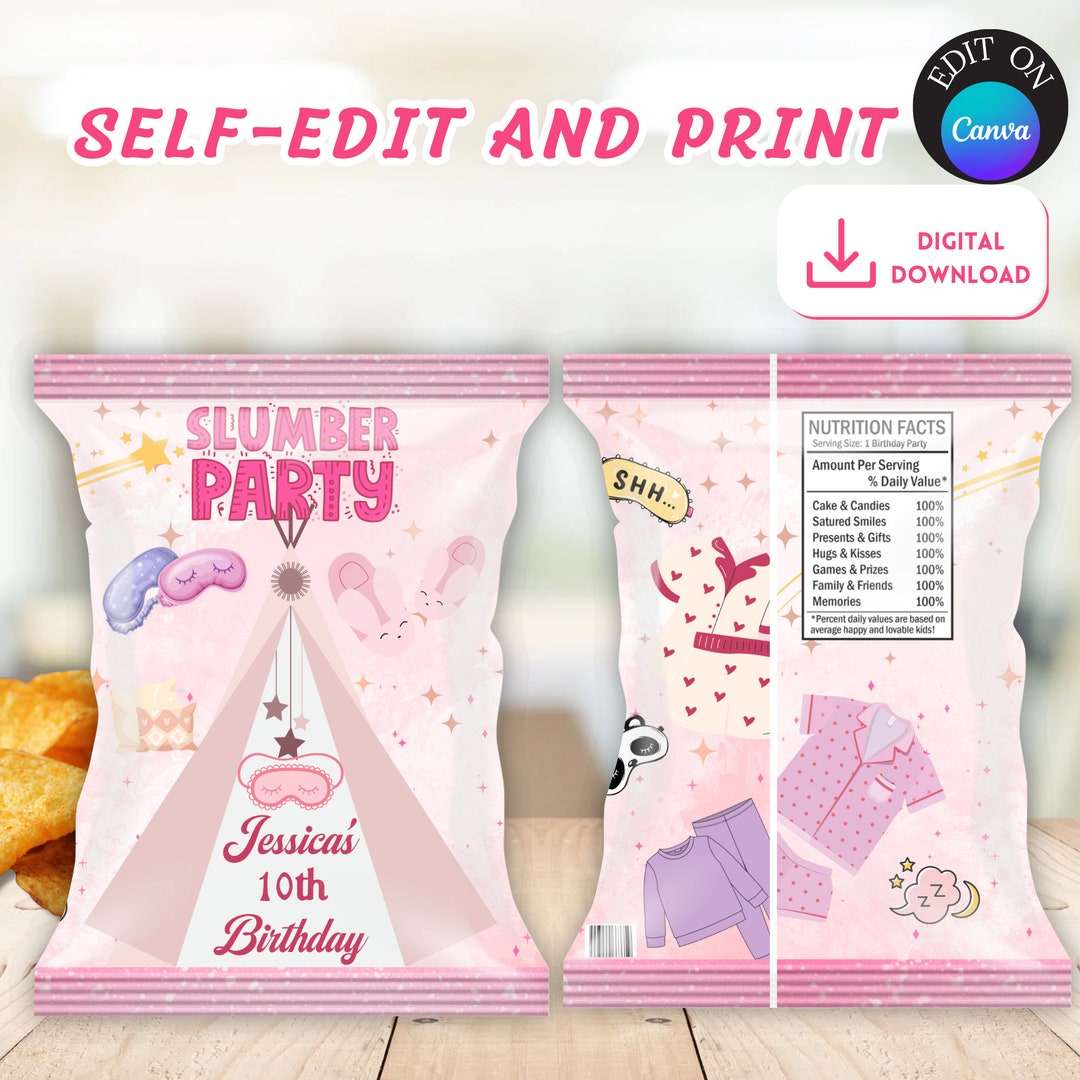Editable Slumber Birthday Chip Bag, Slumber Party Chip Bag, Pink ...