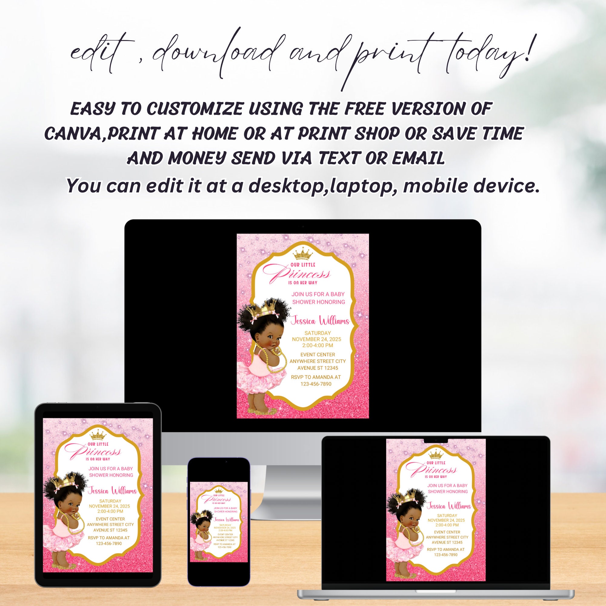 Editable Afro Princess Baby Shower Invitation, African American ...
