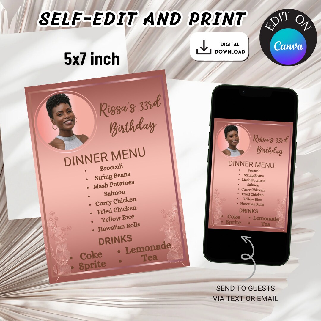 Editable Rose Gold Dinner Menu, Rose Gold Birthday Dinner Menu, Digital ...